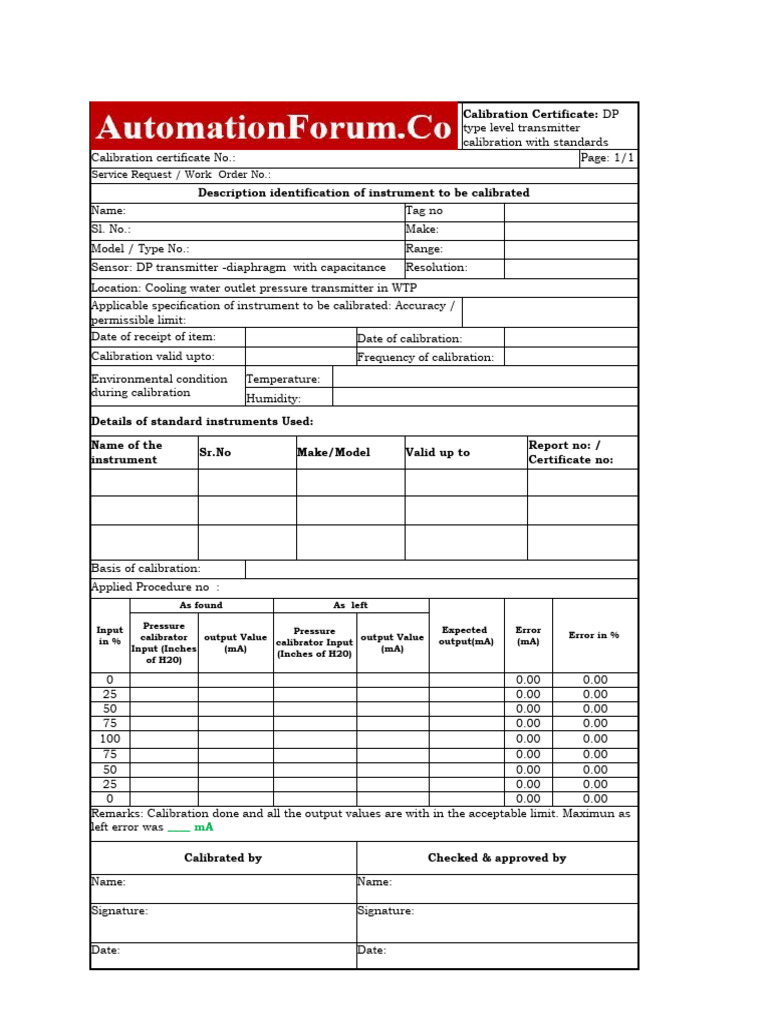 Calibration Report Template of DP Type Level Tranmsitter | PDF ...