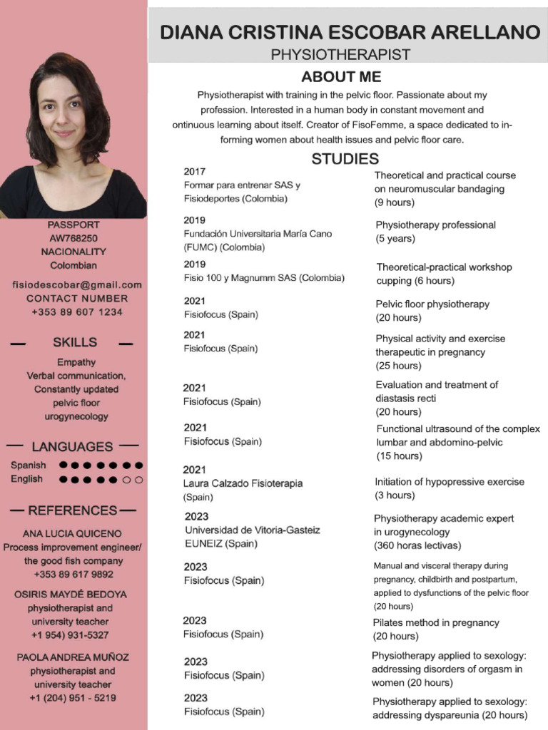 CV Diana Cristina Escobar Physio Pelvic Floor - Compressed | PDF