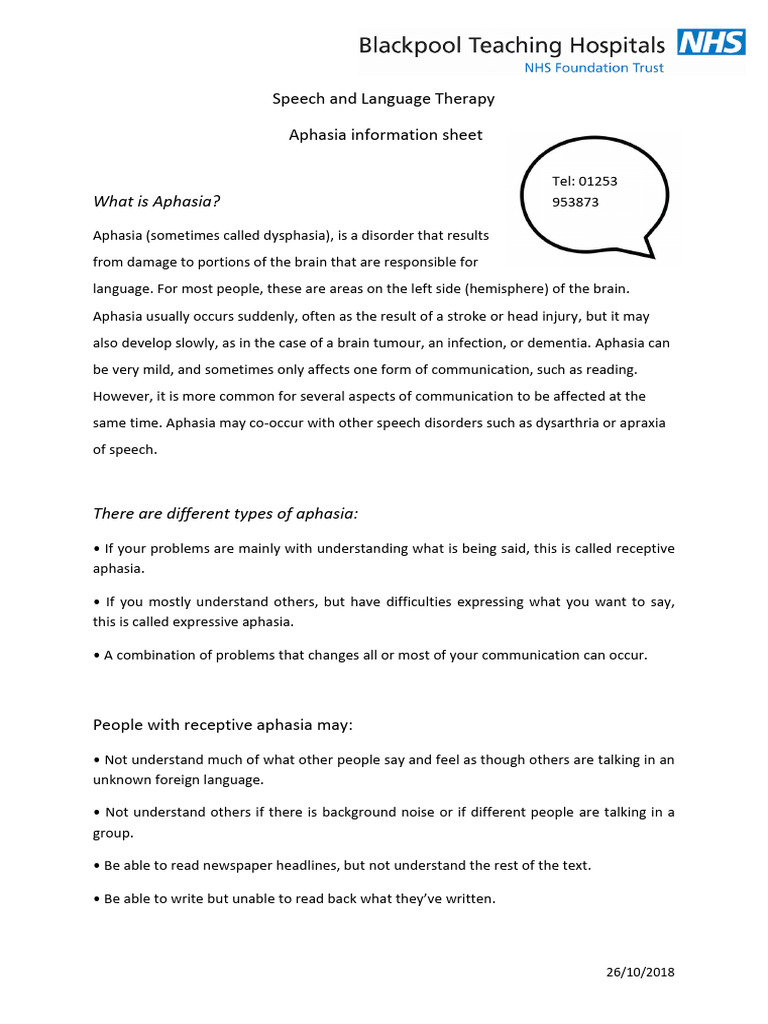 Aphasia Information Sheet | PDF | Aphasia | Speech