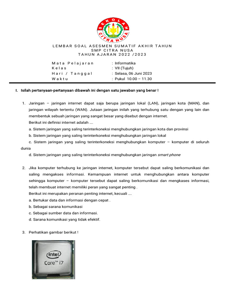 Soal ASAT Informatika Kelas 7 22 Mei 2023 | PDF