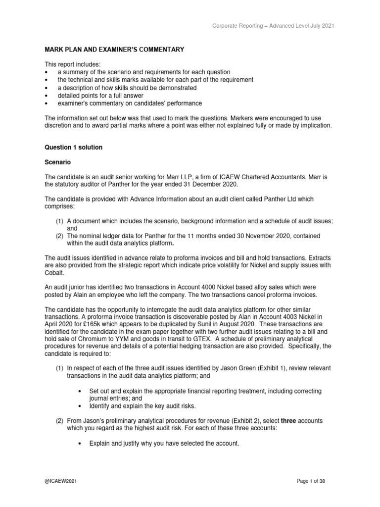 Mark Plan and Examiner'S Commentary: Corporate Reporting - Advanced ...