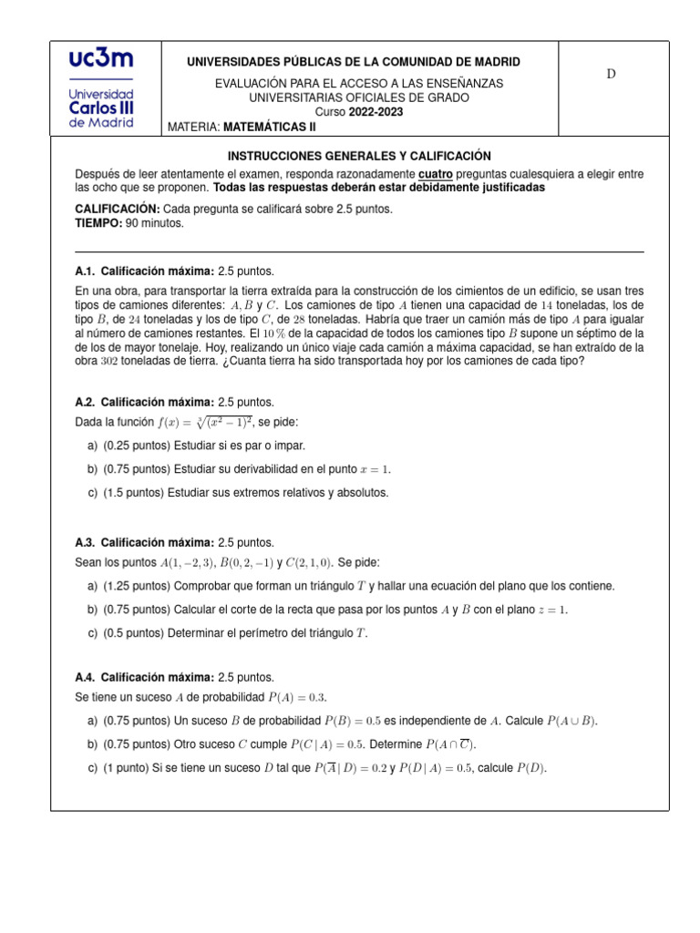 Examen EVAU Madrid Matemáticas II 2023 Junio | PDF | Conceptos matemáticos | Análisis matemático