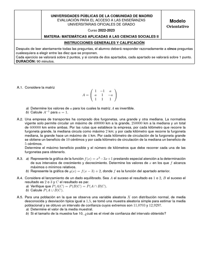 Examen EVAU Madrid Matemáticas CCSS 2022-2023 Modelo | PDF | Intervalo de confianza | Probabilidad