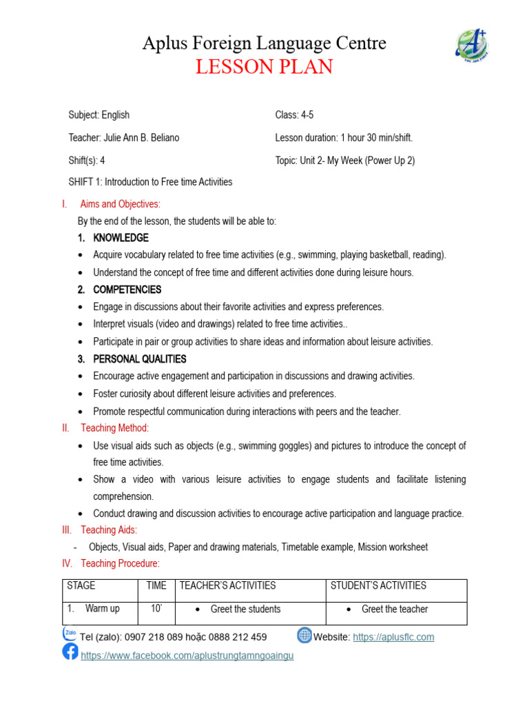 Aplus Lesson Plan-Unit 2 | PDF | Lesson Plan | Teaching Method
