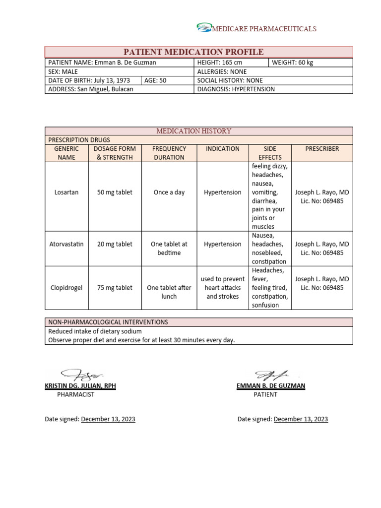Patient Medication Profile | PDF | Hypertension | Pharmacy