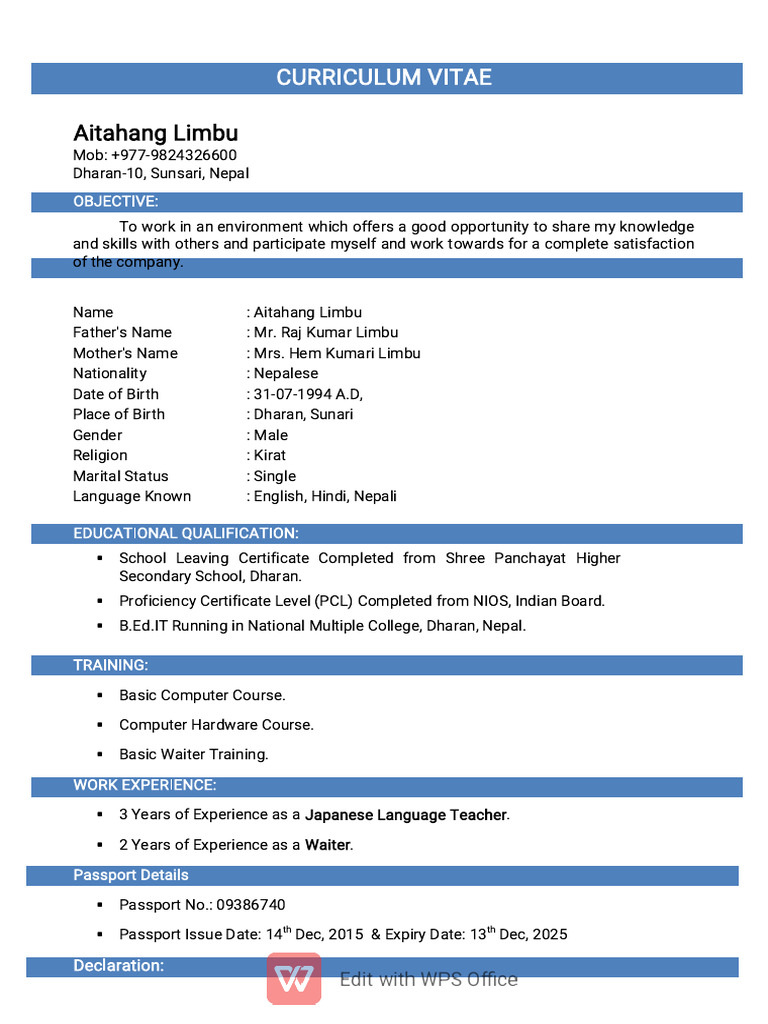 CV of Aitahang Limbu 88888 | PDF