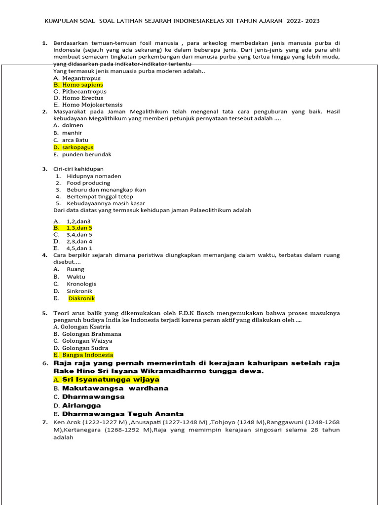 Latihan Soal Sejarah Indo XII 2024 Acak | PDF | Sejarah