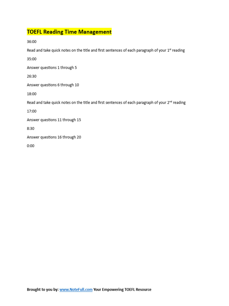 Complete TOEFL Time Management Strategy by Notefull | PDF | Test Of ...