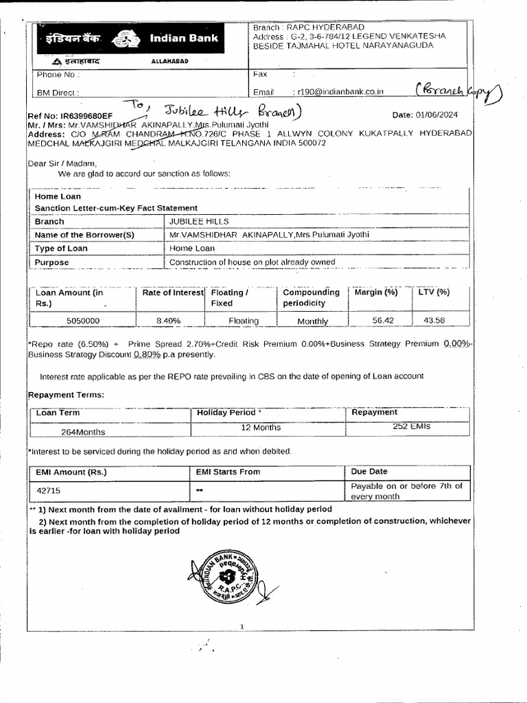 Home Loan Sanction Ticket Vamshidhar | PDF | Loans | Mortgages