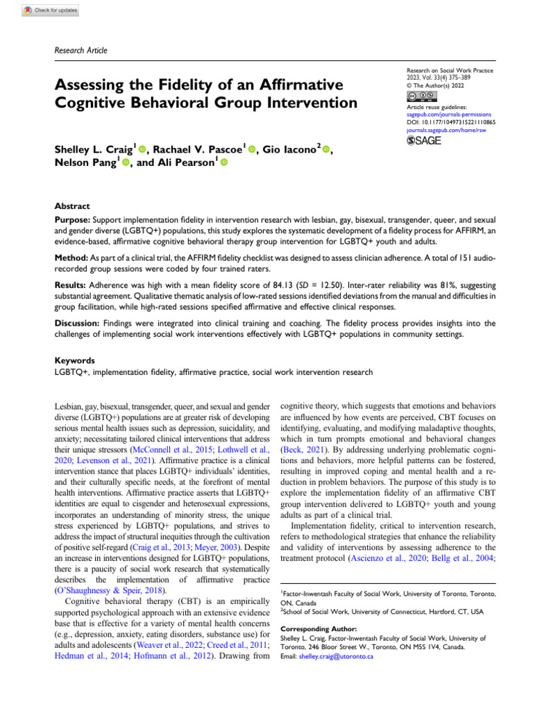 Fidelity in Affirmative CBT for LGBTQ+ Youth | PDF | Cognitive ...