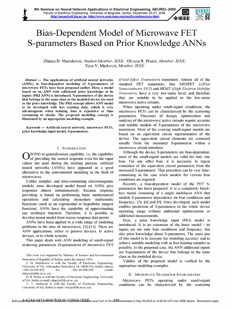 Bias-Dependent Model of Microwave FET S-Parameters Based On Prior ... Bias-Dependent Model of Microwave FET S-Parameters Based On Prior ...