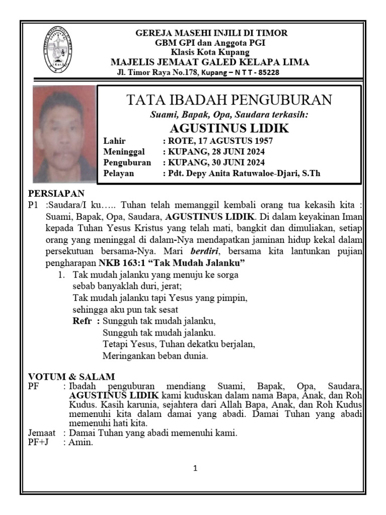Ibadah Penguburan Agustinus Lidik | PDF