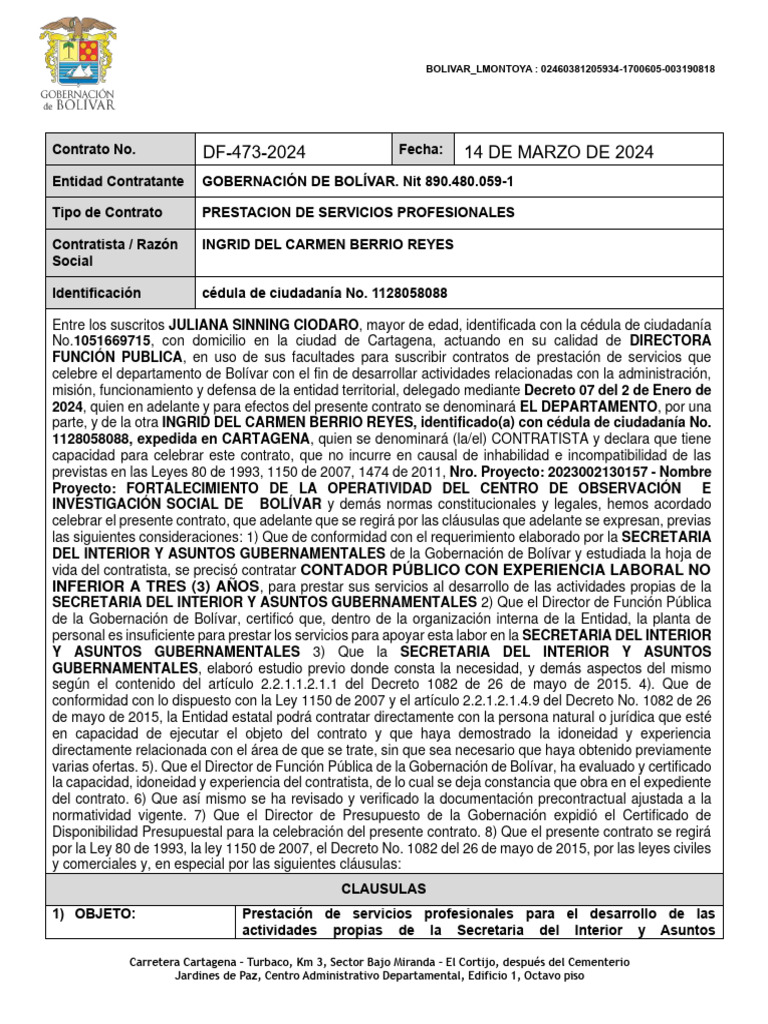 Clausulado Df-473-2024 Ingrid Del Carmen Berrio Reyes | PDF | Multa (pena) | Documento de identidad