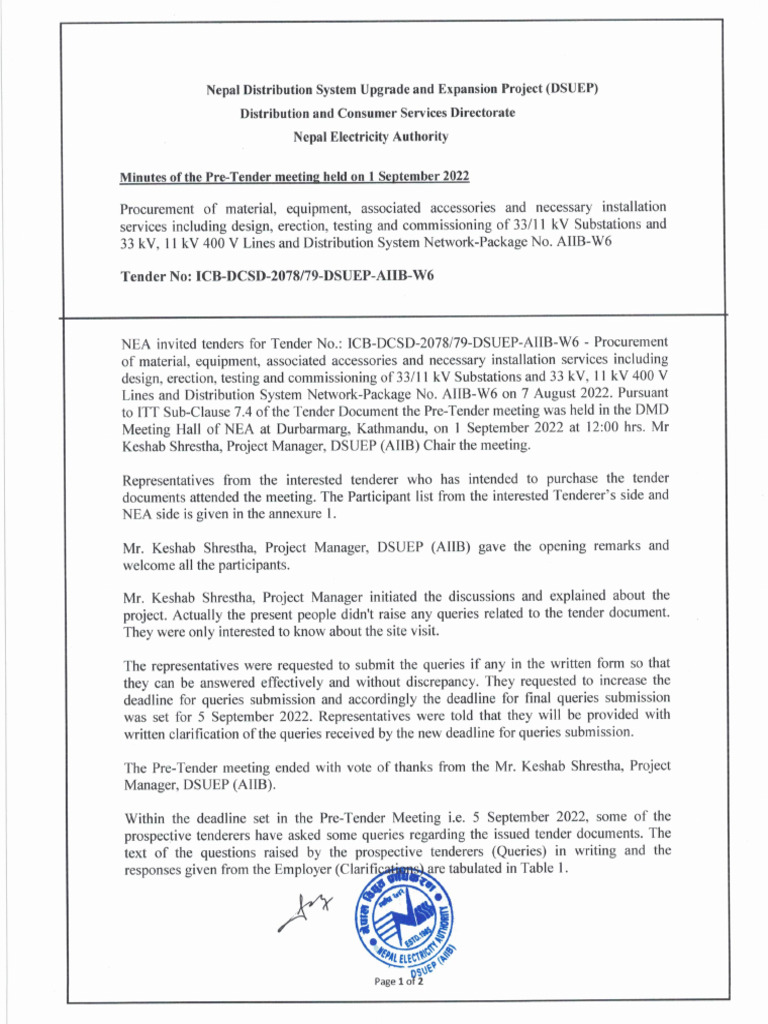 Minute of Pre-Tender Meeting and Clarification I - W6 | PDF