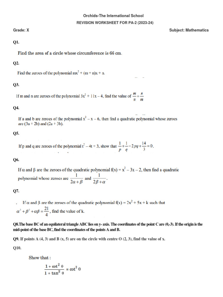 Revision Worksheet For PA-2 Class 10 | PDF