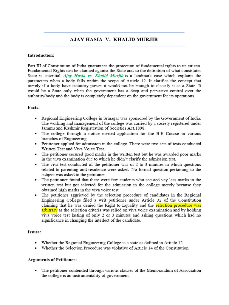 Ajay Hasia v. Khalid Mujib | PDF | Constitution | Corporations