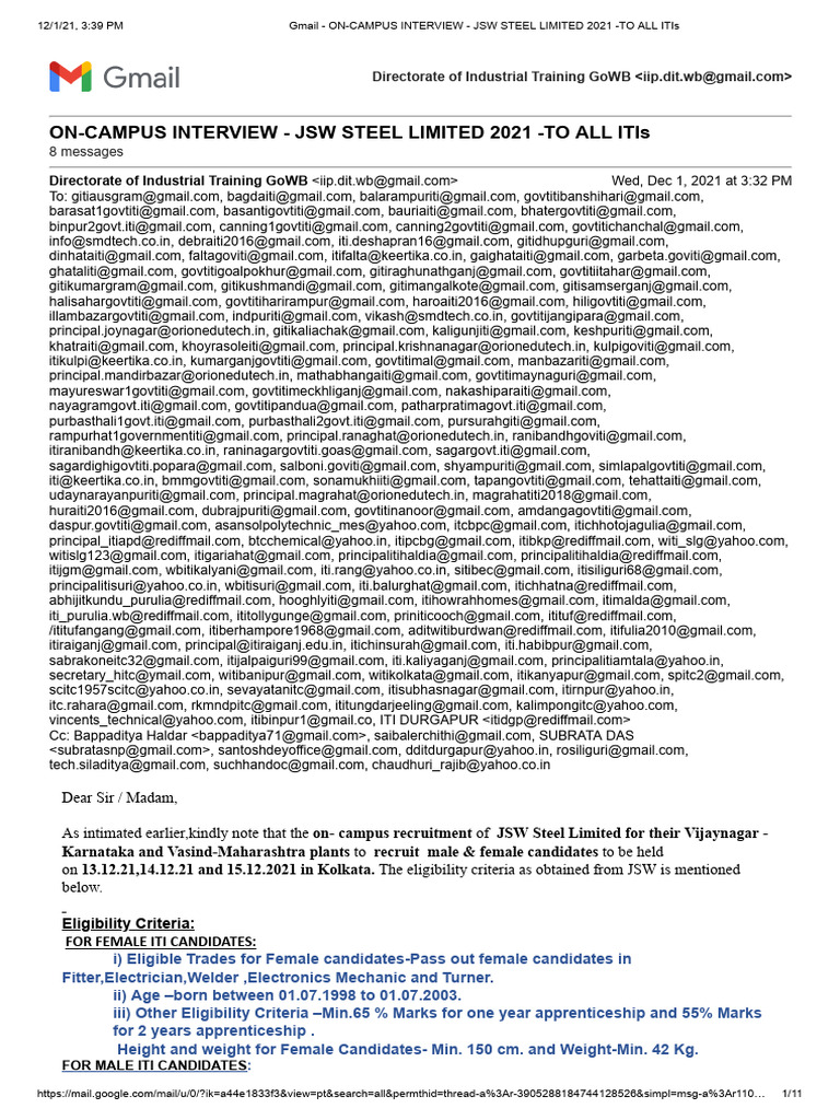 Gmail - ON-CAMPUS INTERVIEW - JSW STEEL LIMITED 2021 - TO ALL ITIs ...