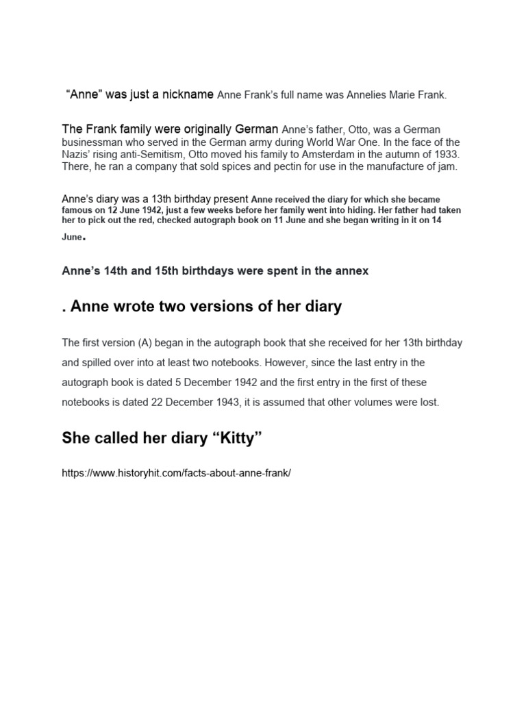 Anne Frank: Diary and Early Life Facts | PDF | Art | History