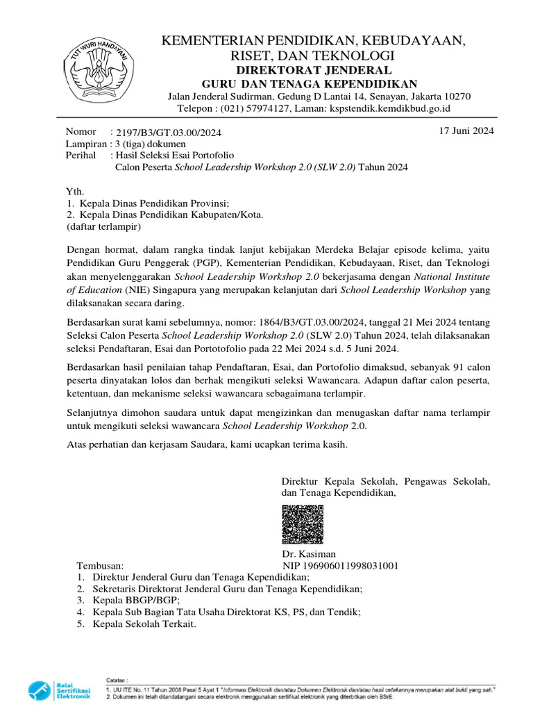 Surat Kelulusan Seleksi 1 SLW 2 | PDF