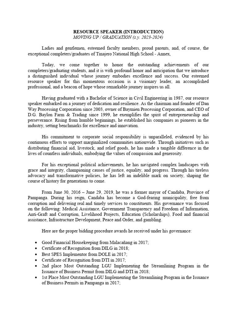 Resource Speaker (Introduction) | PDF