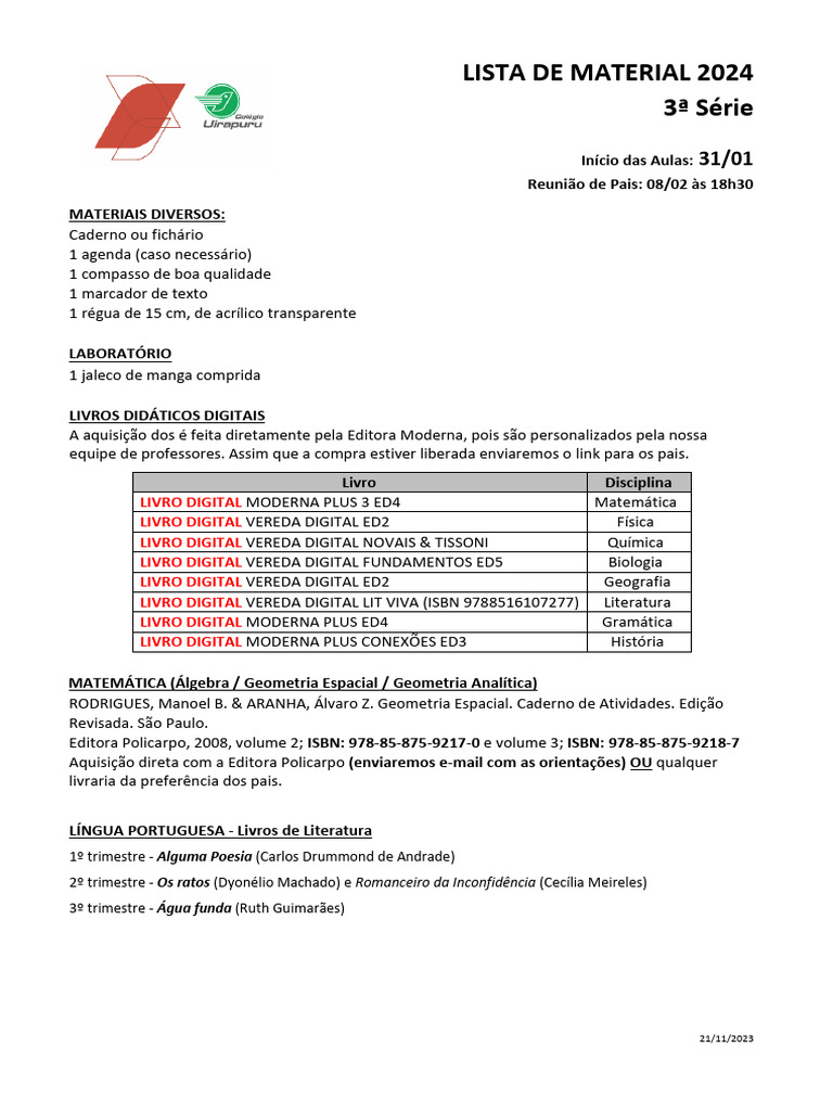 LISTA DE MATERIAL 3a Serie 2024 | PDF