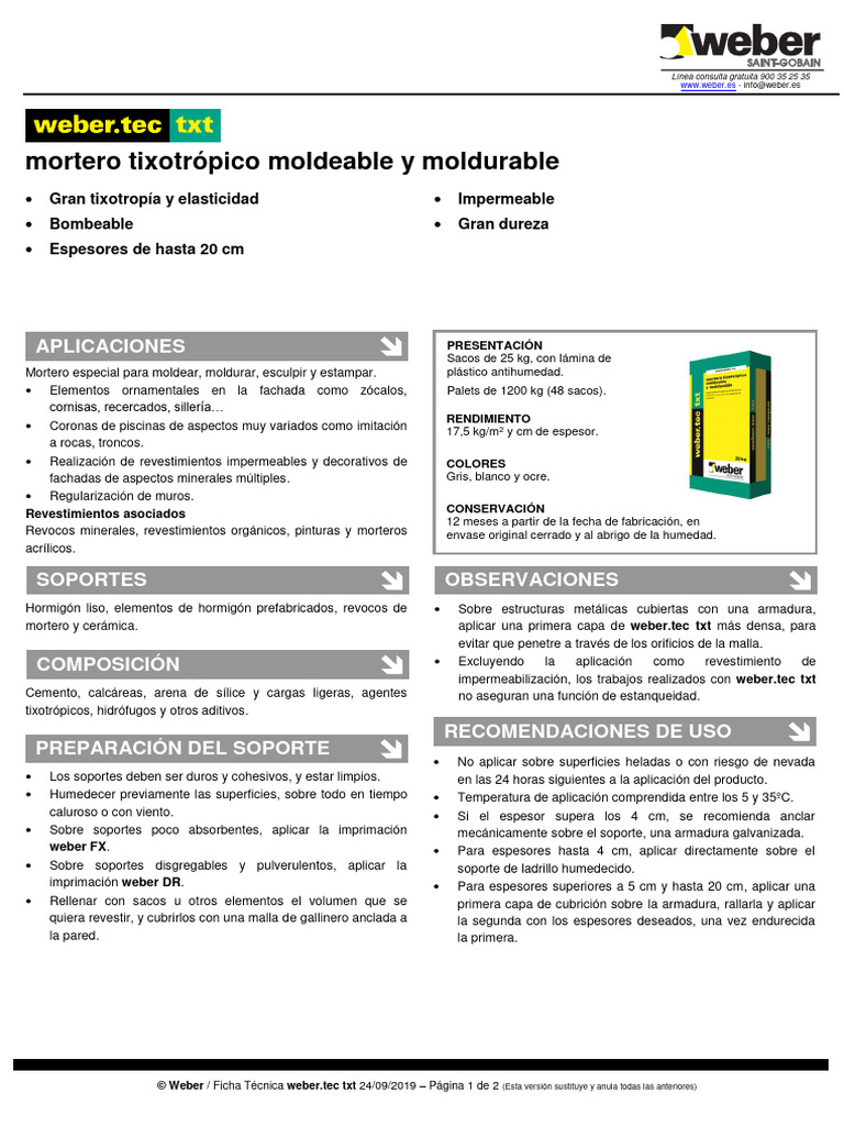 Mortero Moldeable Webertec TXT KG Ocre 25035026 Techsheetsup | PDF | Hormigón | Mortero ...
