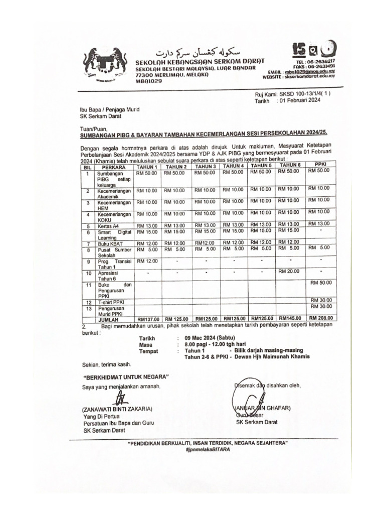 Sumbangan Pibg & Bayaran Tambahan Kecermerlangan Sesi Persekolahan 202425 | PDF