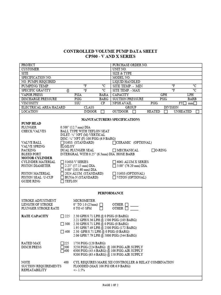 cp500 V X Series Pump Data Sheet | PDF | Pump | Piston