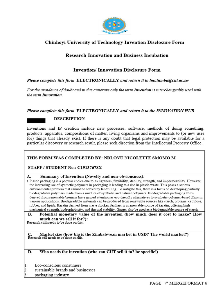 (NSMN) Chinhoyi University of Technology Invention Disclosure Form ...