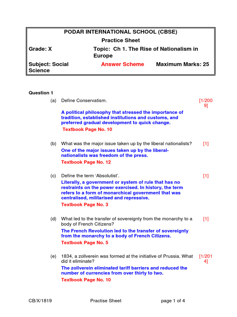 AS_CBSE_X_SS_Ch 1 Rise of Nationalism in Europe_Practise Sheet | PDF | Balkans | Europe
