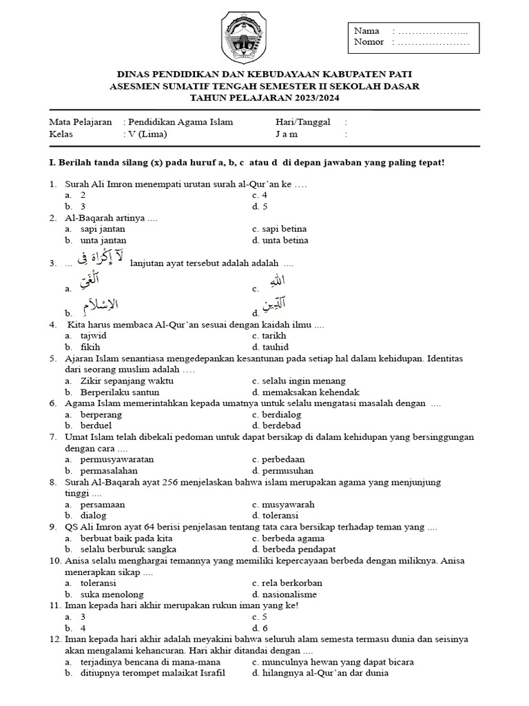soal PTS Genap Kelas 5 Tahun 2023-2024 (1) | PDF