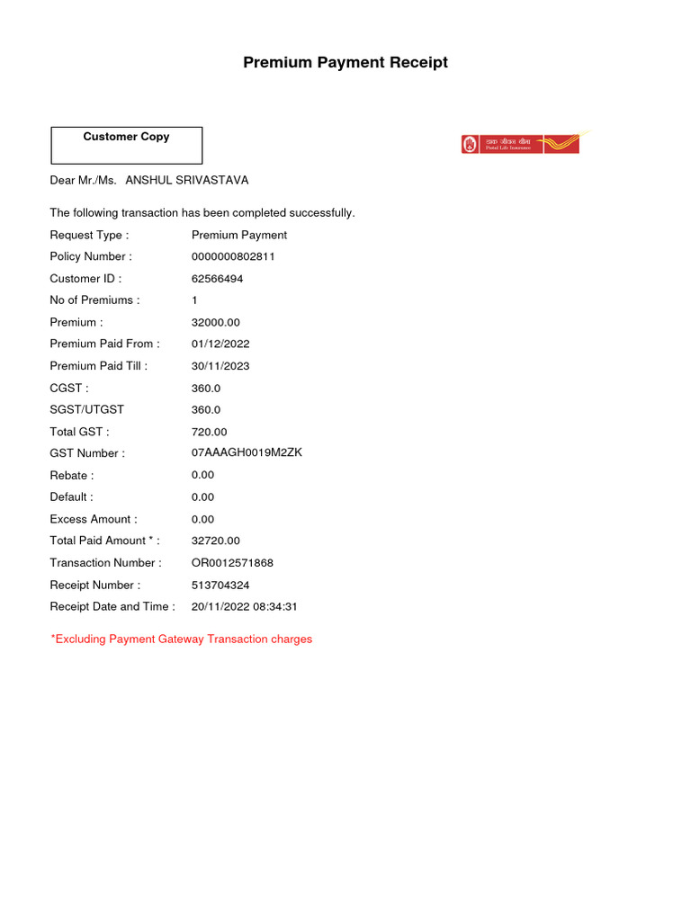 Premium Payment Receipt Details | PDF | Finance & Money Management