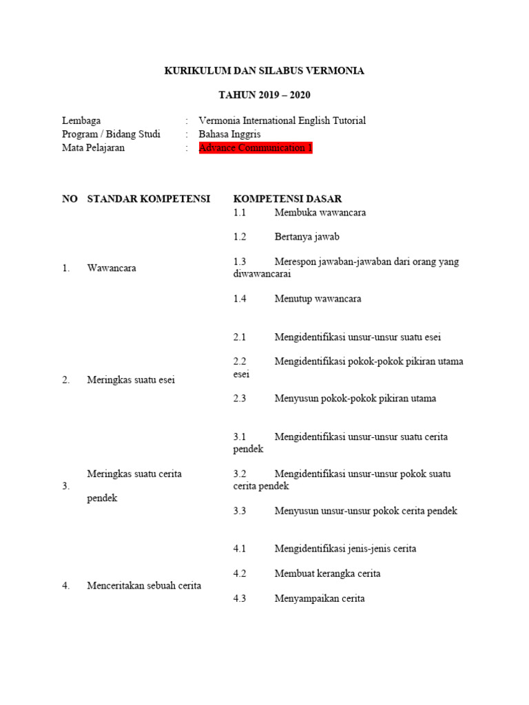 Kurikulum Bahasa Inggris Vermonia 2019 | PDF | Karier & Perkembangan