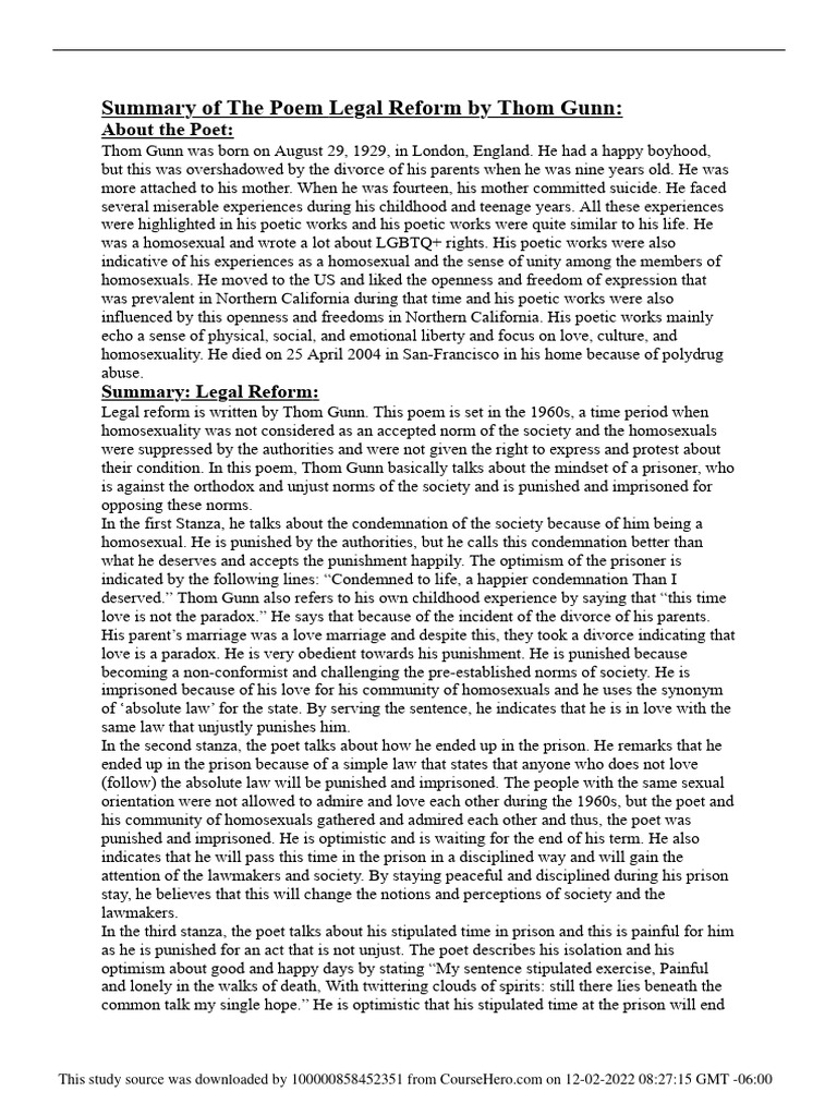 Summary of The Poem Legal Reform by Thom Gunn 1 | PDF | Homosexuality | Prison