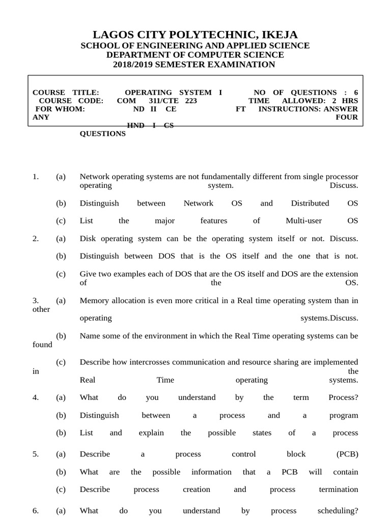 Operating Systems Exam - COM 311/CTE 223 | PDF | Operating System | Process (Computing)