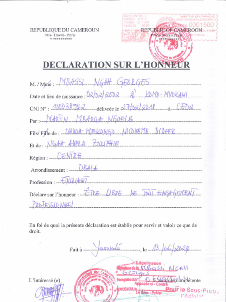 Declaration Sur L'honneur HH | PDF