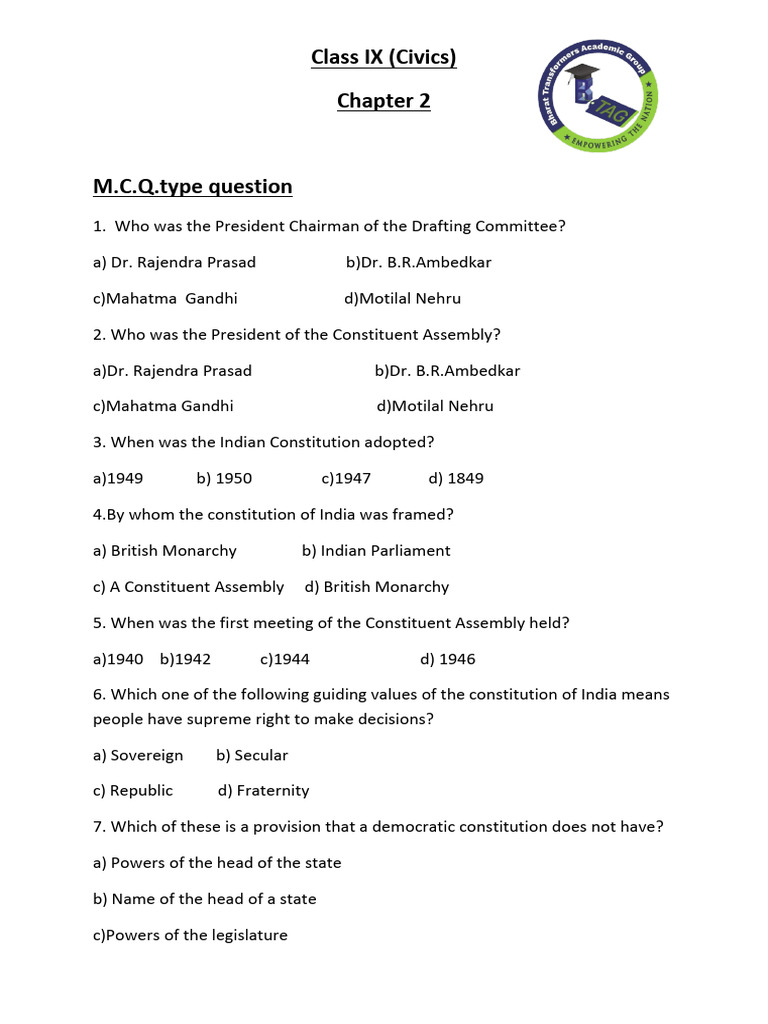 CLASS 9 SST CHAPTER - CONSTITUTIONAL DESIGN MCQ Ques-3 | PDF