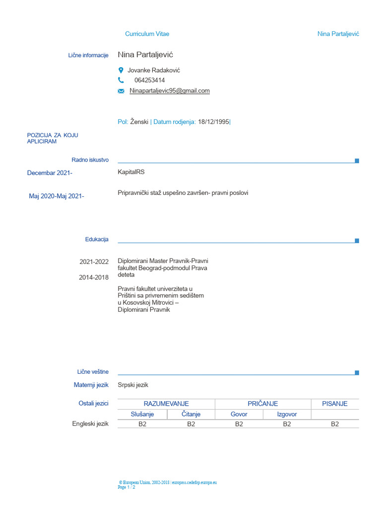 Curriculum Vitae-Europass Nina | PDF