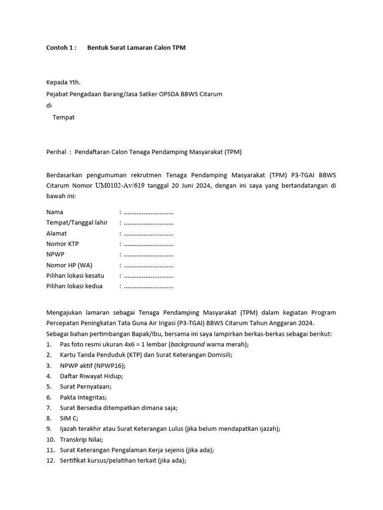 Contoh Format Lampiran Rekrutmen TPM TA 2024 (1) | PDF