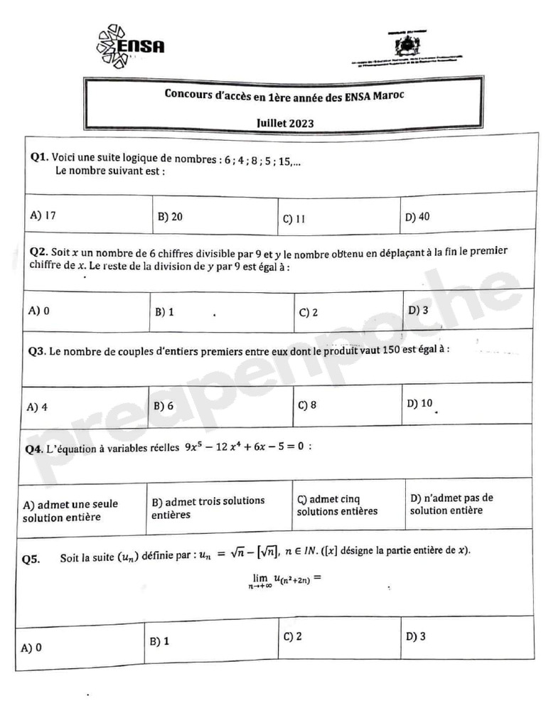 Exemple Concours ENSA 2023 Maths | PDF