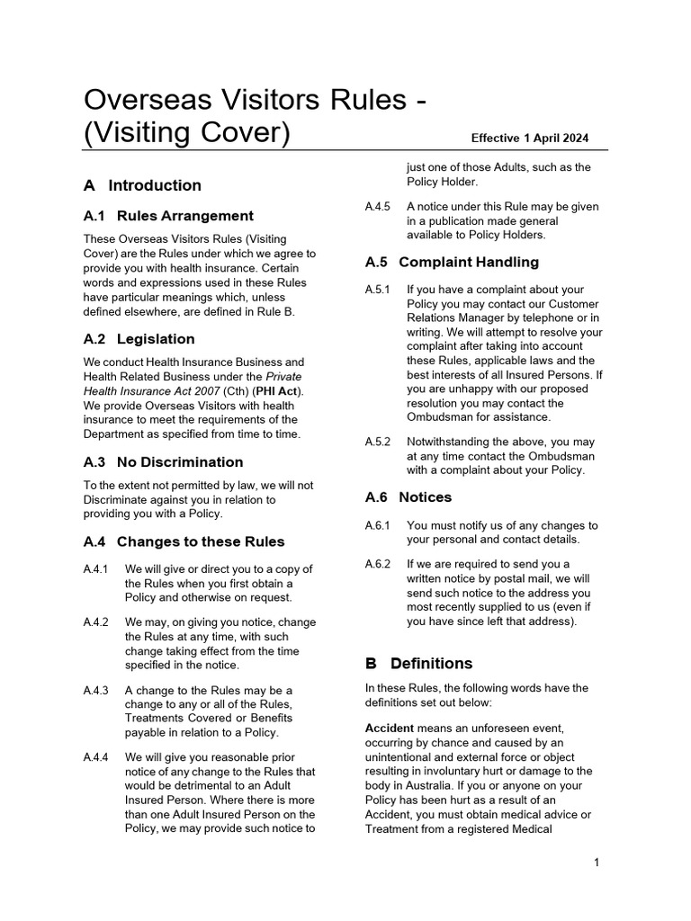 Overseas Visitors Rules Visitingcover | PDF | Insurance | Hospital