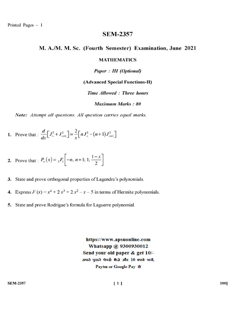 Ma MSC 4 Sem Mathematics Advanced Special Functions 2 Sem 2357 Jun 2021 ...