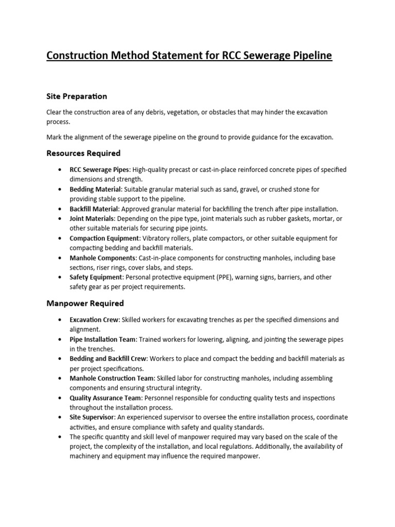 Construction Method Statement For Rcc Sewerage Pipeline Pdf Pipe