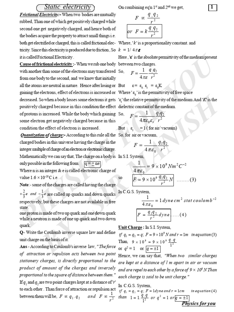 12 A electro statics 1 | PDF | Electric Field | Force