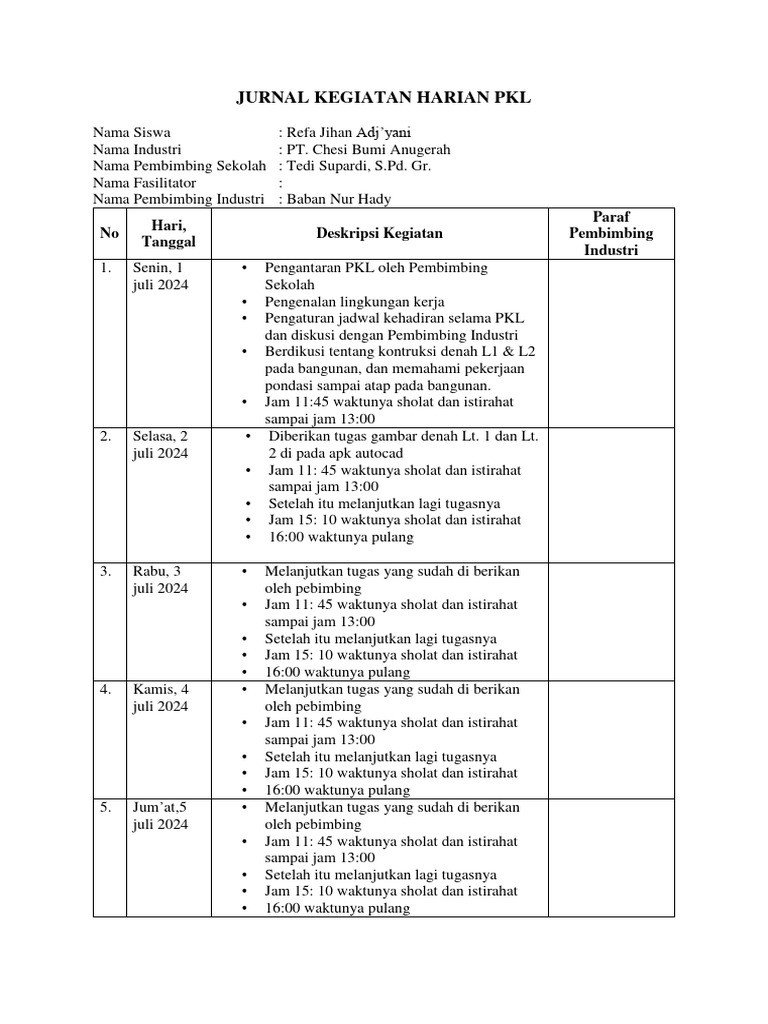 Jurnal Kegiatan Harian PKL - Refa Jihan Adj'Yani - Xii Dpib 2 - 01 | PDF