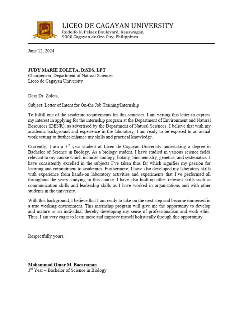 letter of intent-internship | Download Free PDF | Science | Internship