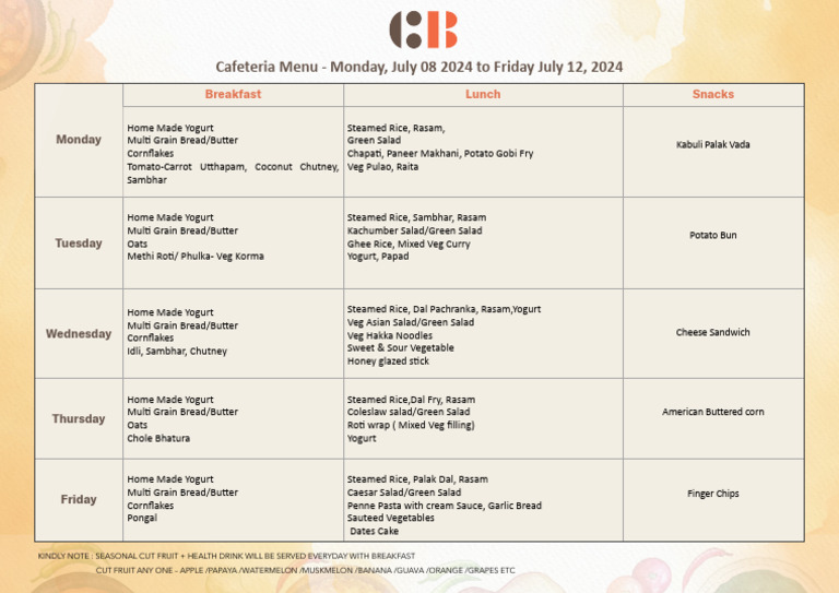 Cafeteria Menu July 8 - July 12 | PDF | Salad | Lunch