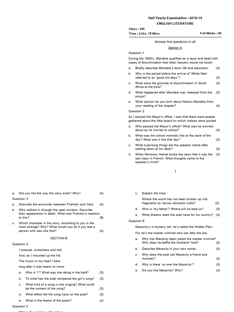 Icse Class 8 Hy English Literature 2019 | PDF