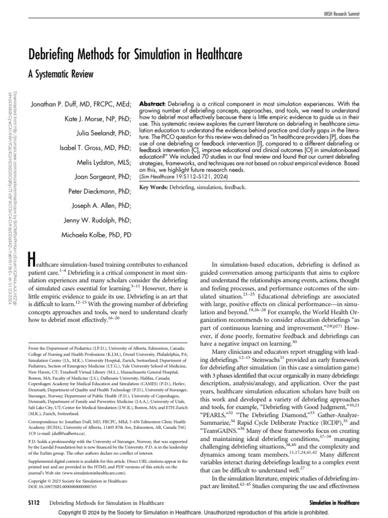 Debriefing Methods For Simulation In Healthcare A Systematic Review Kolbe Pdf Systematic