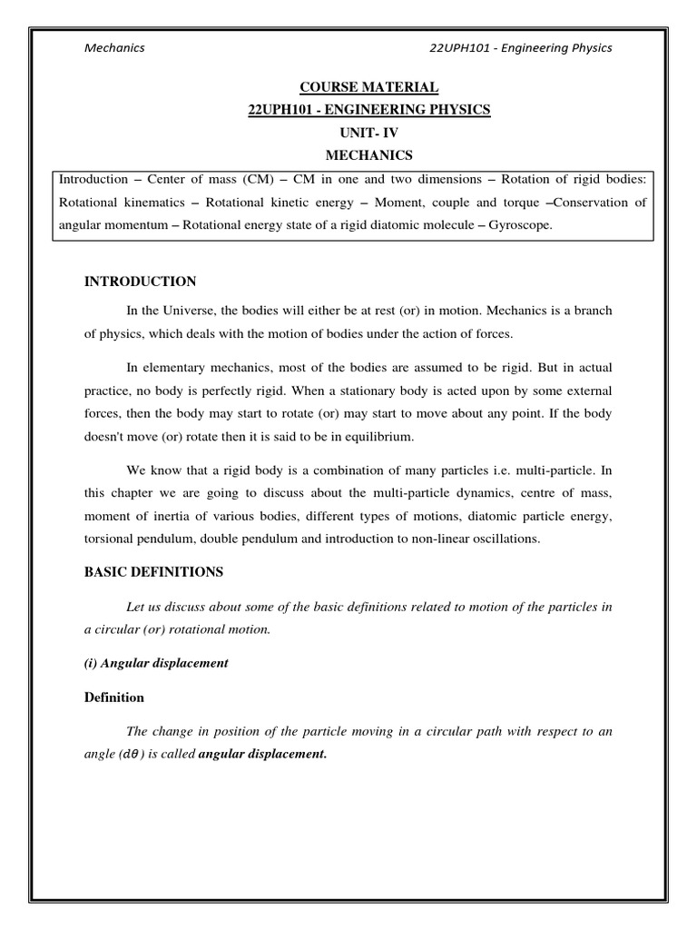 22UPH101 Unit-4 Mechanics Notes 2023-2024 | PDF | Torque | Rotation ...